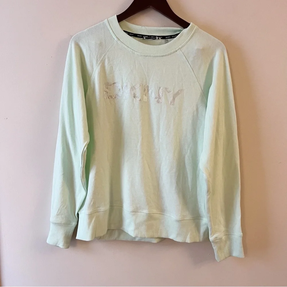 Dkny | Tops | Dkny Mint Green Round Neck Logo Metallic Pullover ...